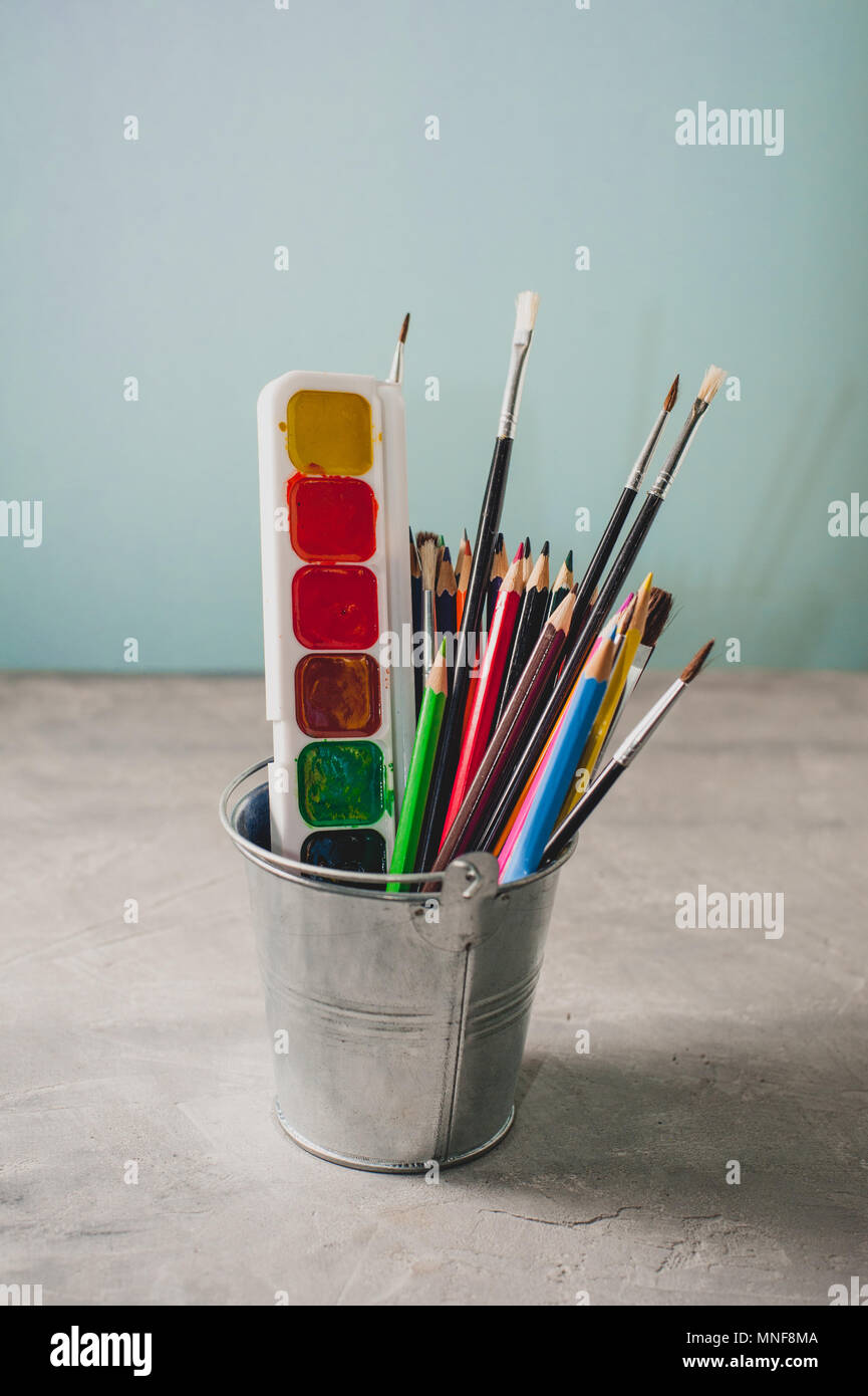 Drawing accessories - pencils, paints and brushes Stock Photo - Alamy