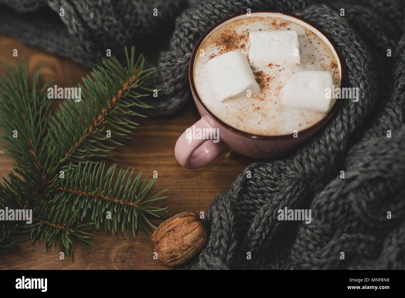 Cozy winter home. Cup of cocoa with marshmallow, warm knitted scarf and ...