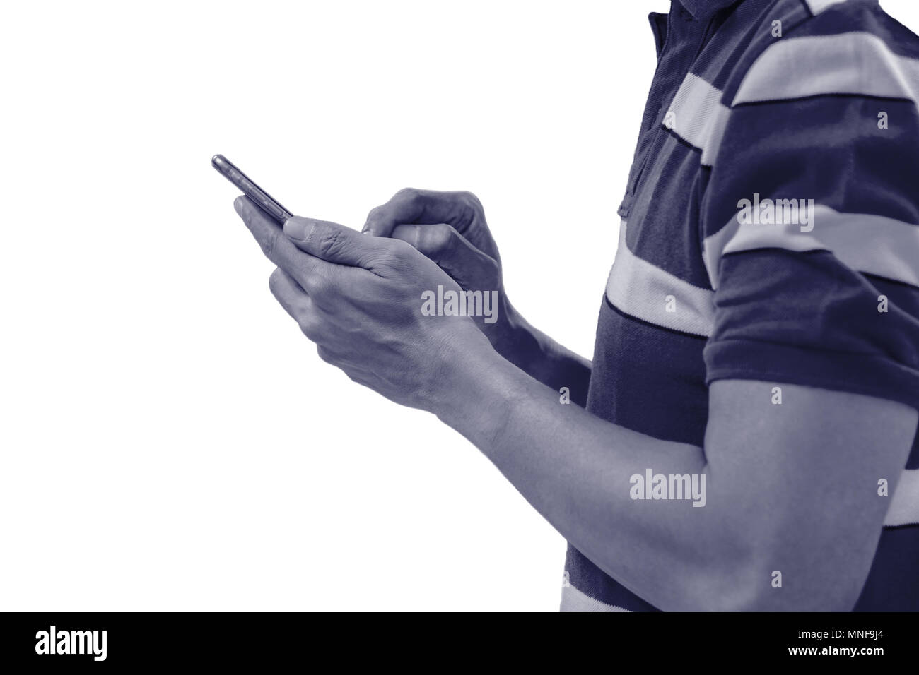 Isolated man using smartphone on white background. Monotone effect ...