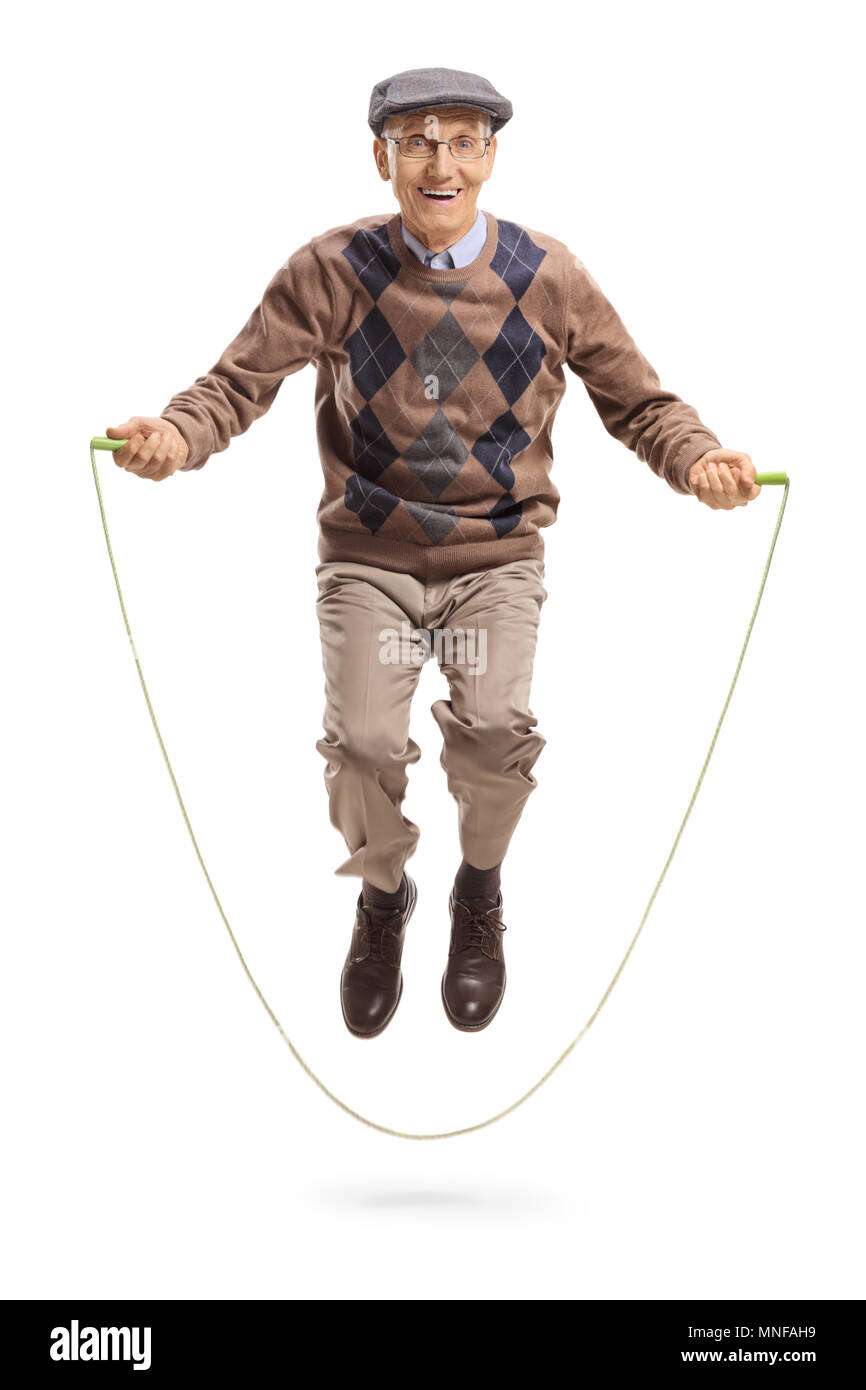 Full length portrait of a senior exercising with a skipping rope ...