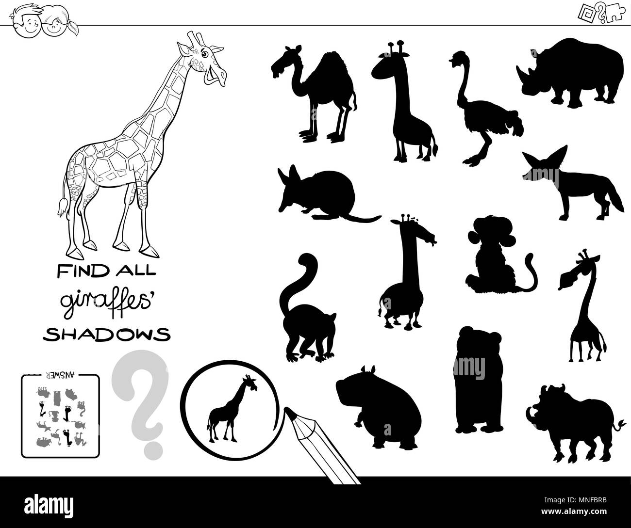 Black and White Cartoon Illustration of Finding All Giraffe Shadows ...