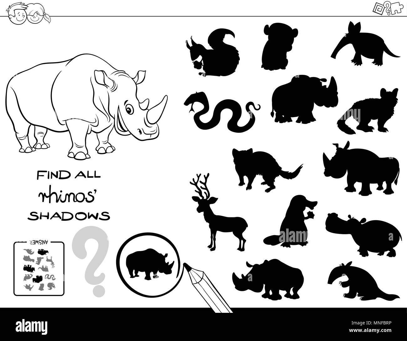 Black and White Cartoon Illustration of Finding All Rhinoceros Shadows ...