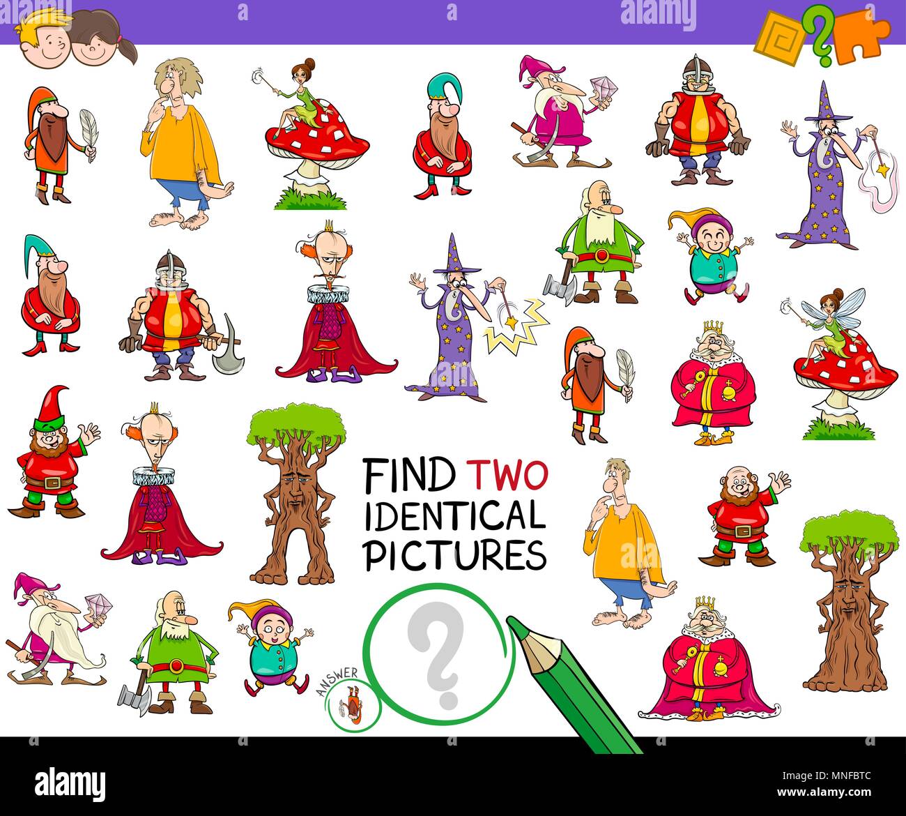 Cartoon Illustration of Finding Two Identical Pictures Educational Game ...