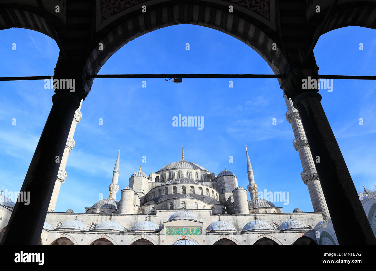 The Blue Mosque (Sultanahmet Mosque) in Istanbul framed by an arch ...