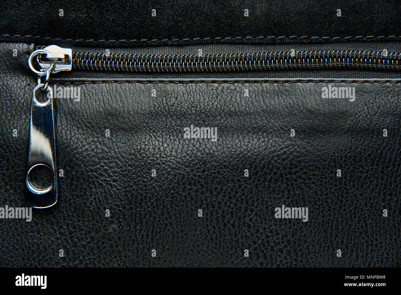 Slide fastener on black leather bag Stock Photo - Alamy