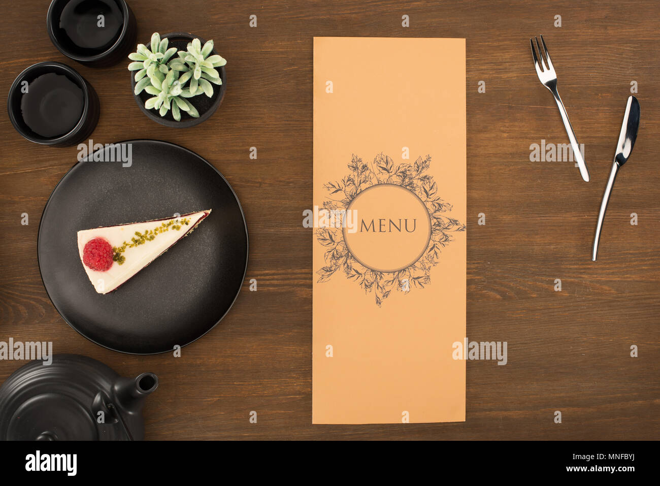 tea set, menu and dessert Stock Photo - Alamy