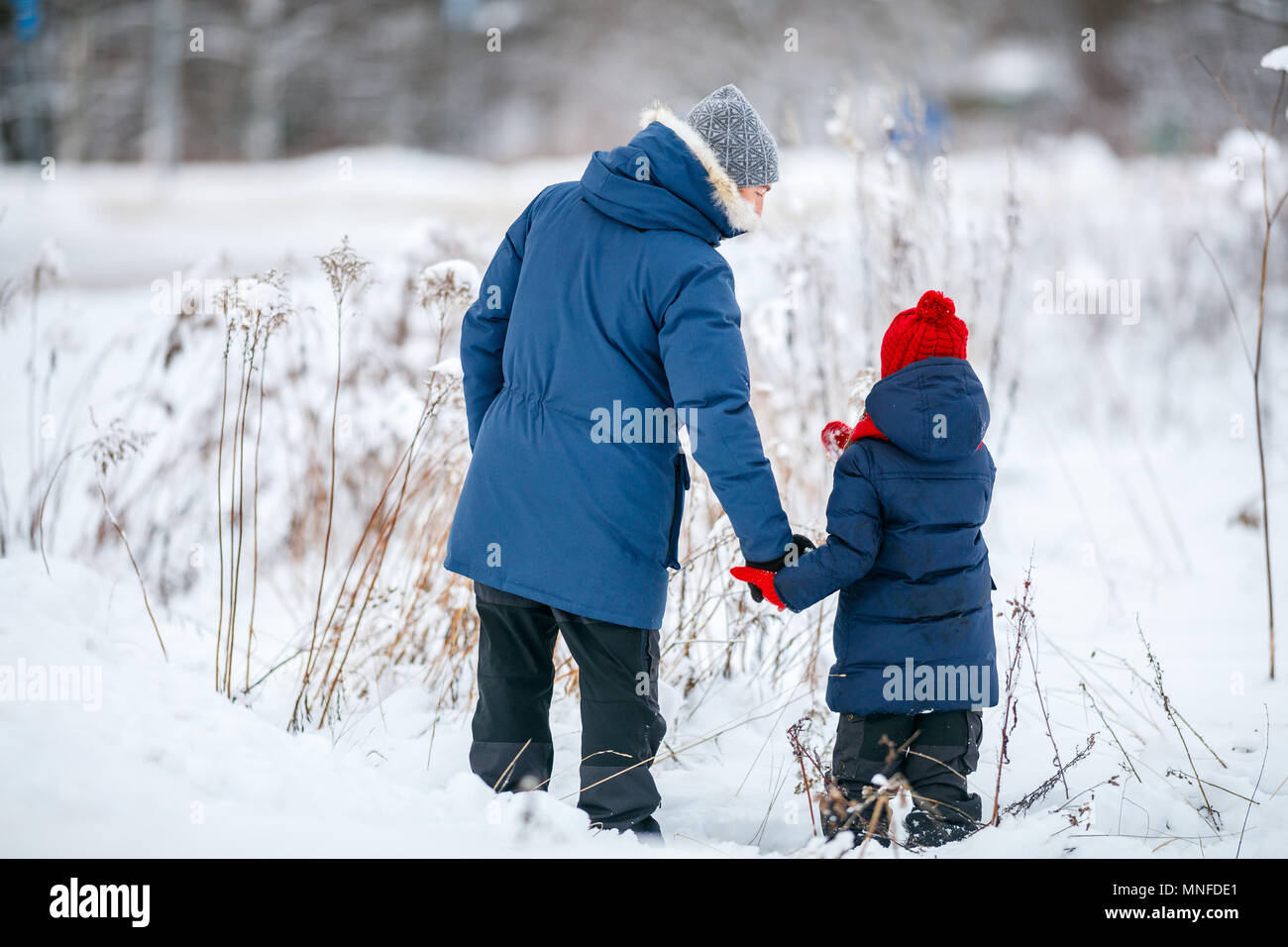 Back view of family father and his adorable little daughter outdoors on ...