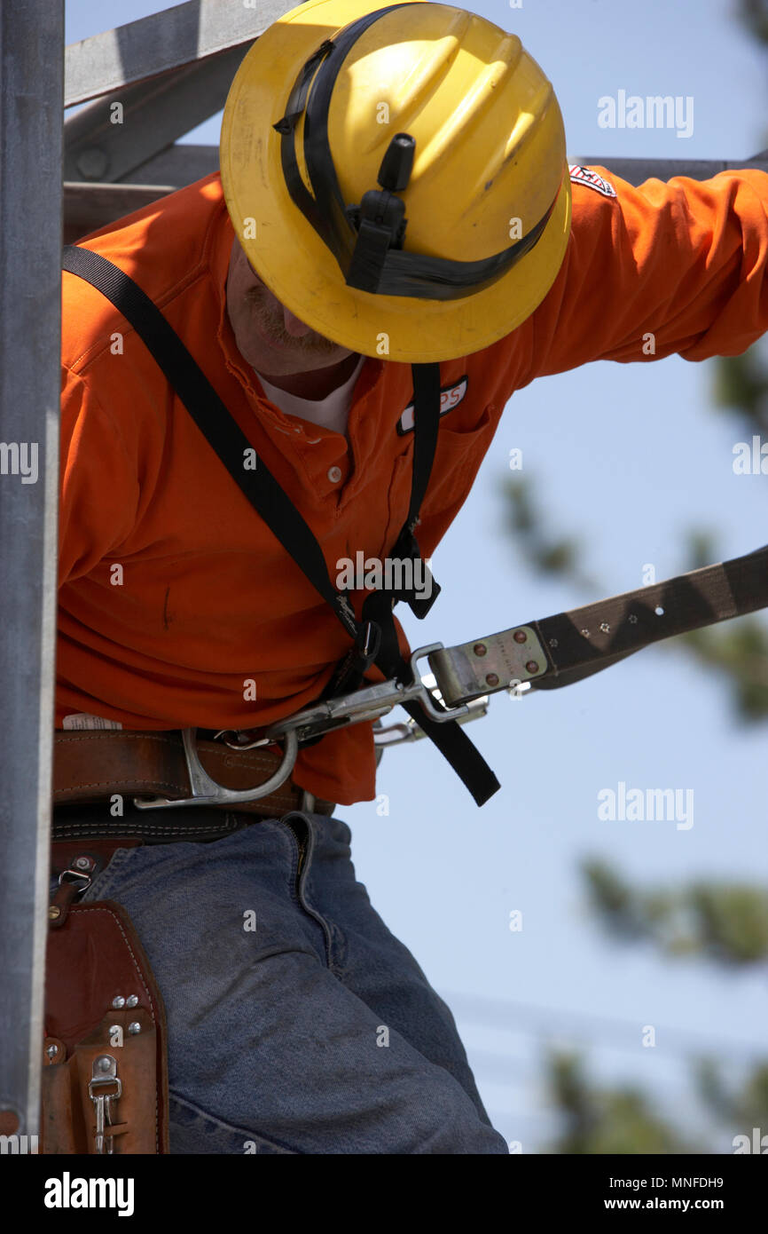 Utility workman wearing safety harness and hardhat installing new ...