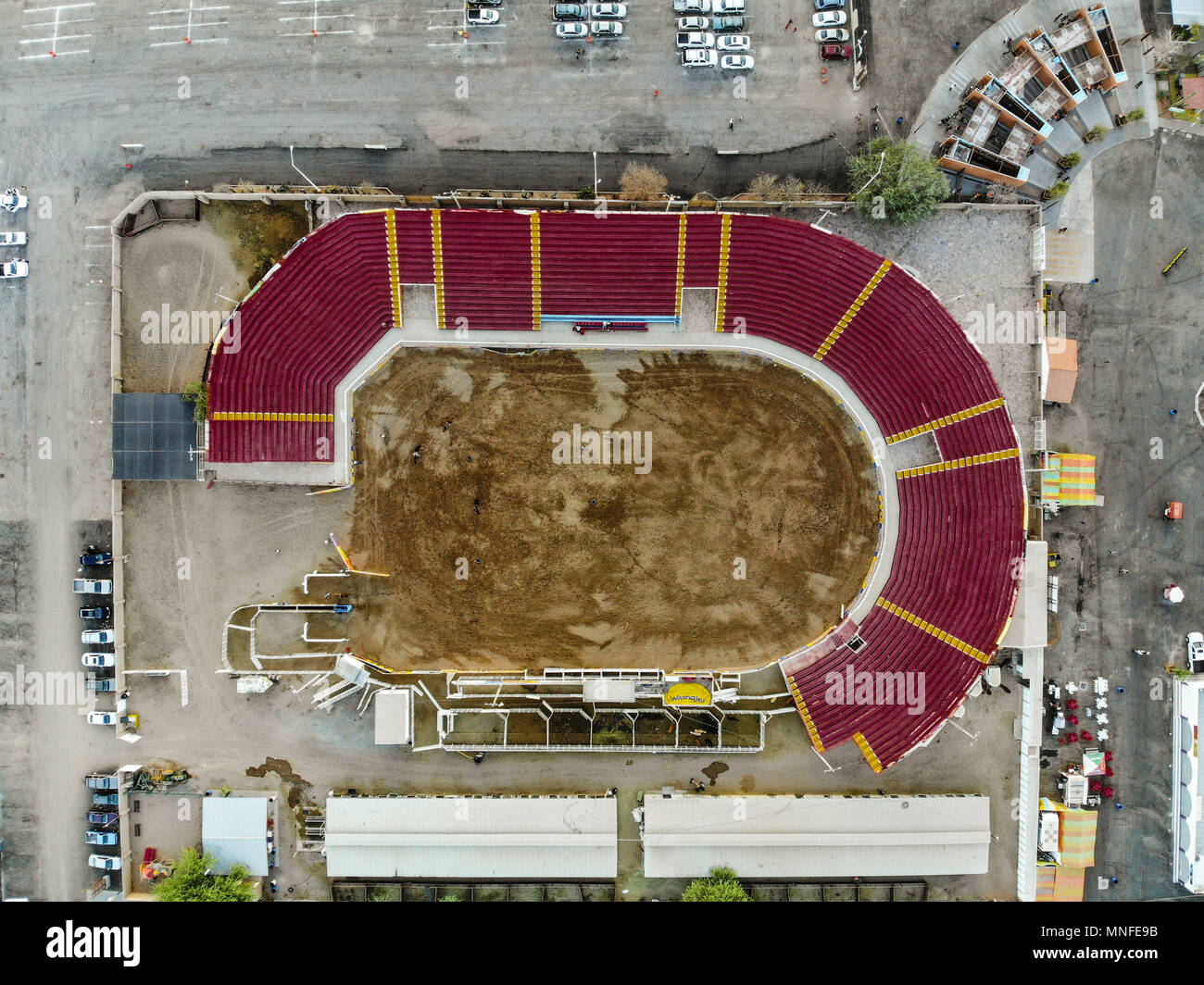 Aerial view of the Rodeo arena, rides and facilities and corrals of the ...