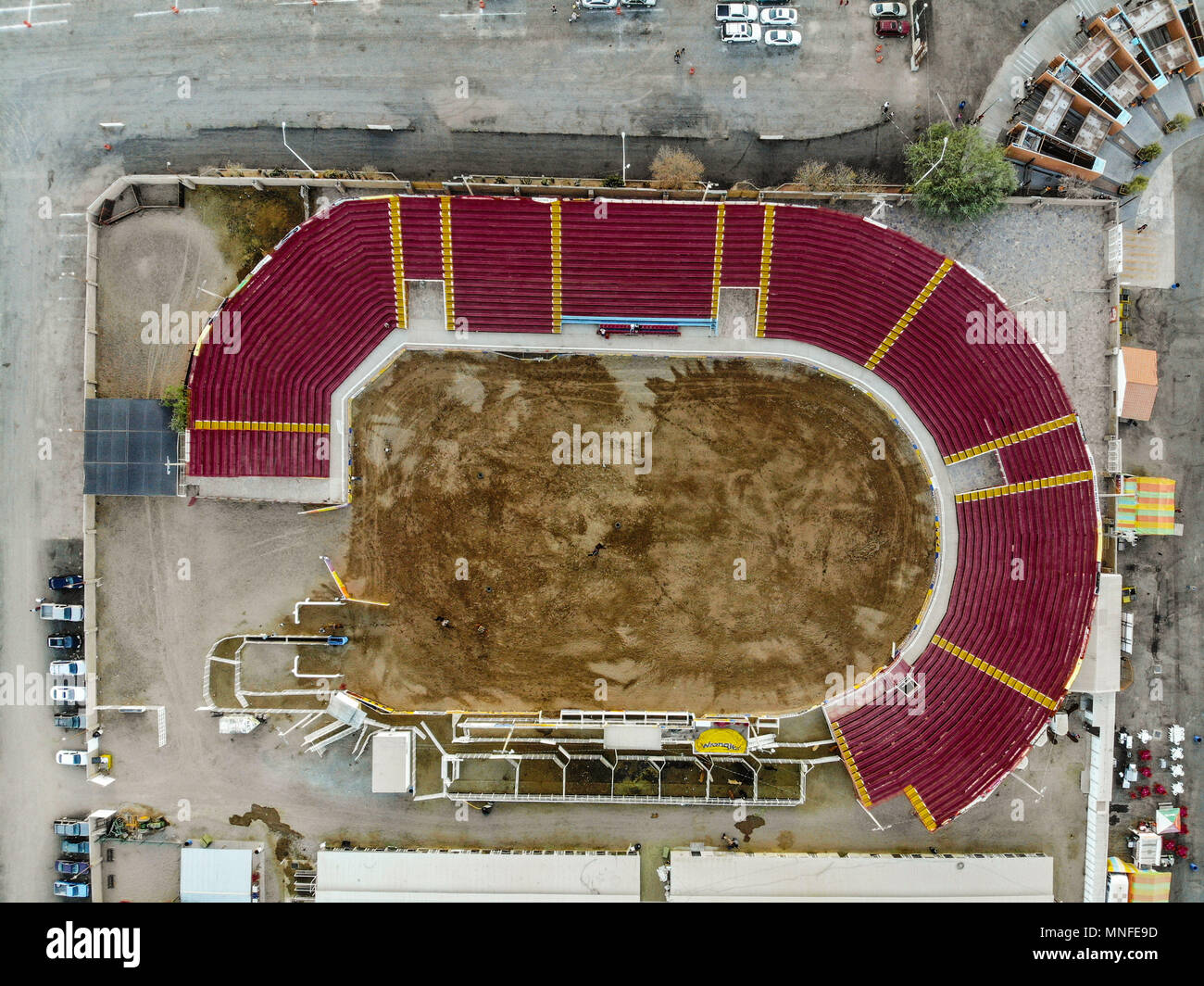Aerial view of the Rodeo arena, rides and facilities and corrals of the ...