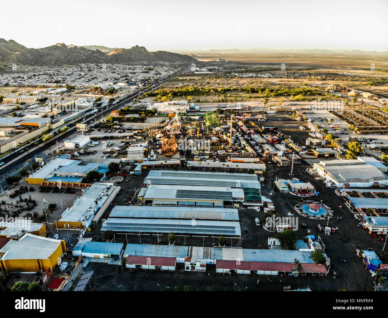 Aerial view of the Rodeo arena, rides and facilities and corrals of the ...