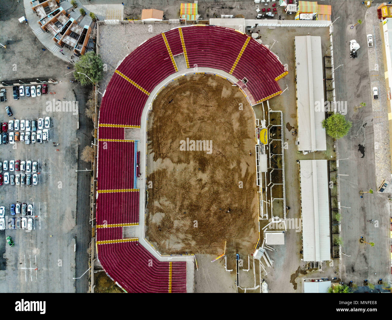 Aerial view of the Rodeo arena, rides and facilities and corrals of the ...