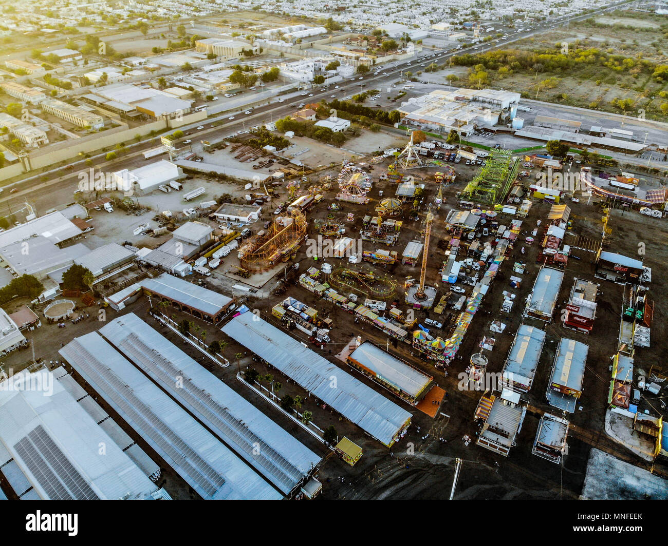 Aerial view of the Rodeo arena, rides and facilities and corrals of the ...