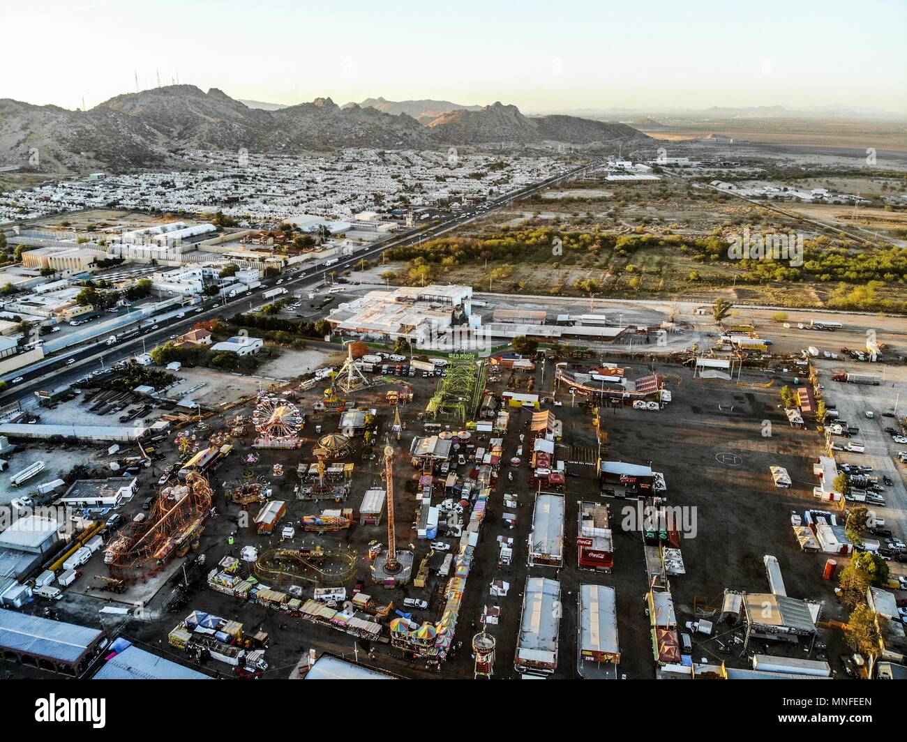 Aerial view of the Rodeo arena, rides and facilities and corrals of the ...
