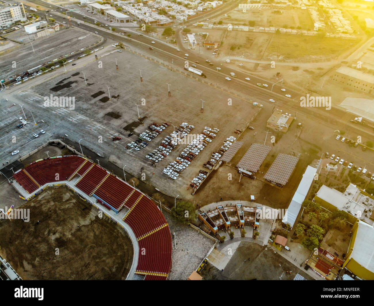 Aerial view of the Rodeo arena, rides and facilities and corrals of the ...