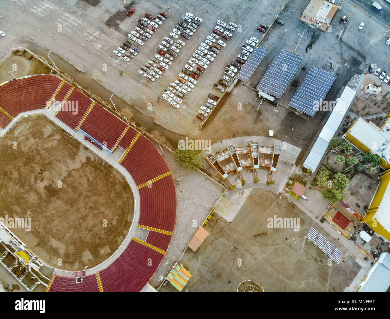 Aerial view of the Rodeo arena, rides and facilities and corrals of the ...