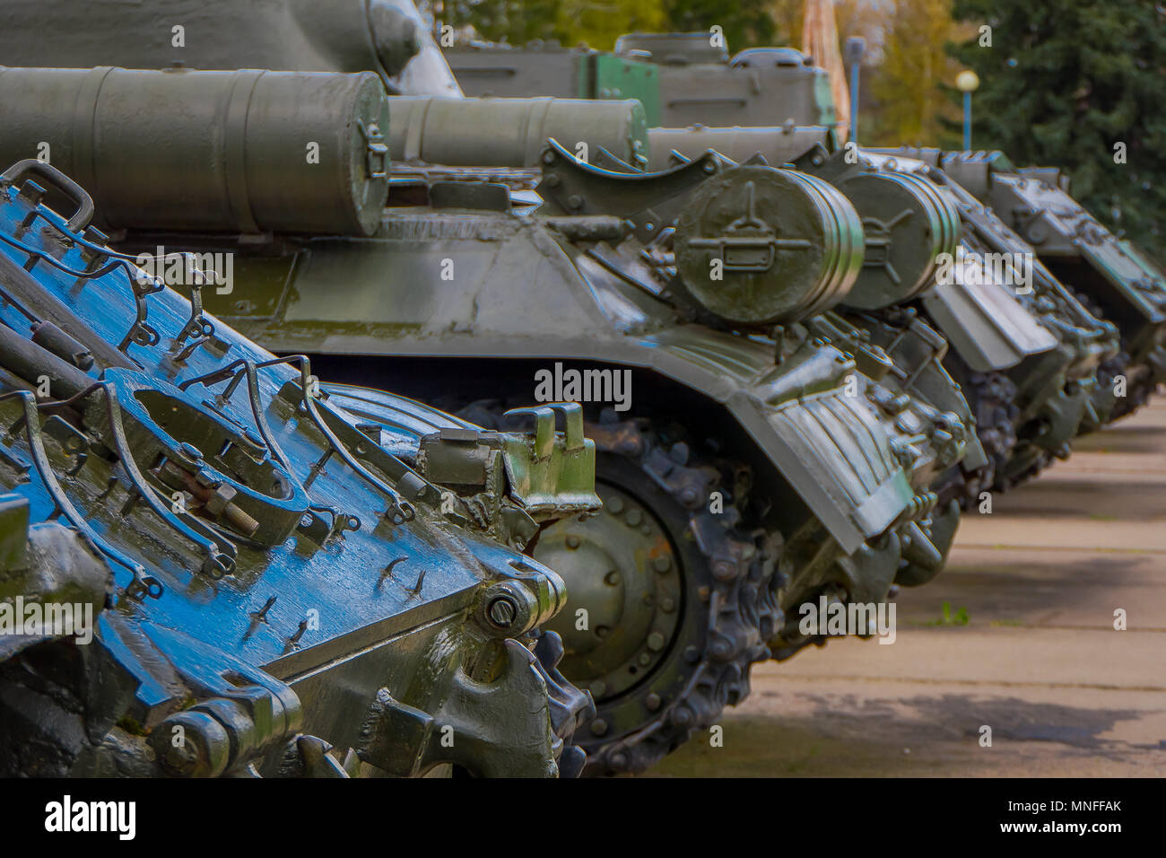 Close up of tank wheels and front part of the tank, located at historic ...