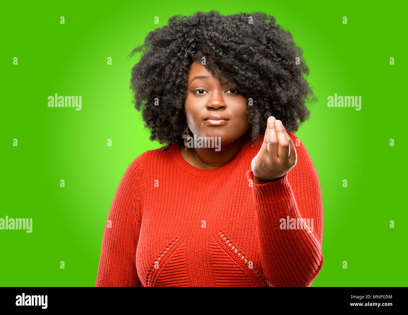 Beautiful african woman angry gesturing typical italian gesture with ...