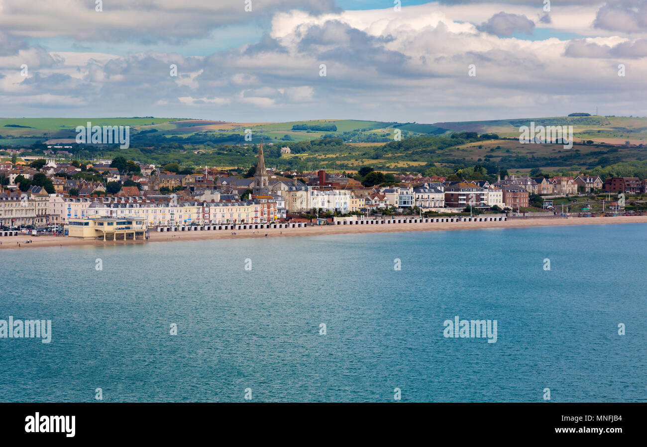 Weymouth in Dorset, UK, sandy beach with Georgian architecture panorama ...