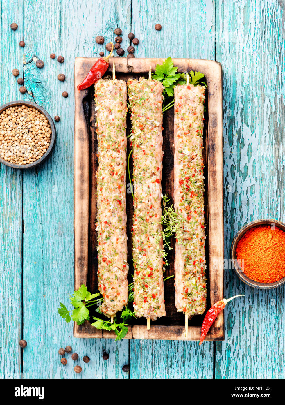 Raw turkish traditional dish meat kebab with herbs and spices Stock ...