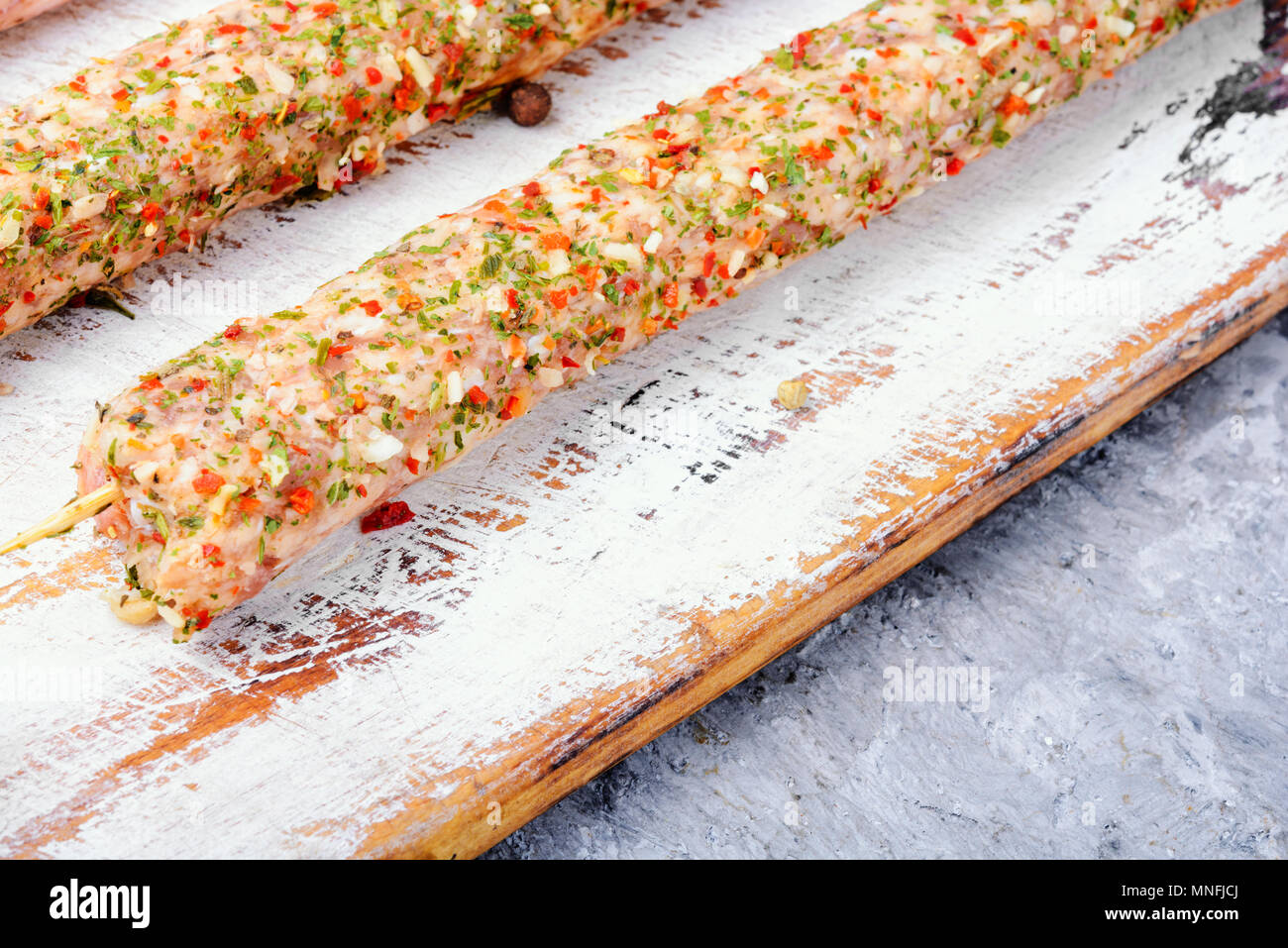 Raw turkish traditional dish meat kebab with herbs and spices Stock ...