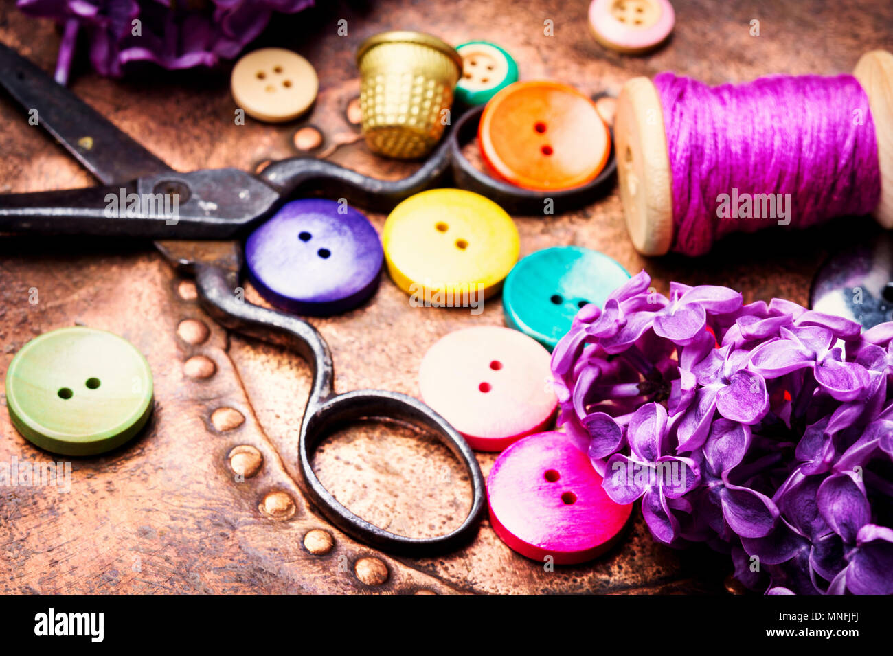 Set of sewing buttons,threads and scissors.Sewing accessories Stock ...