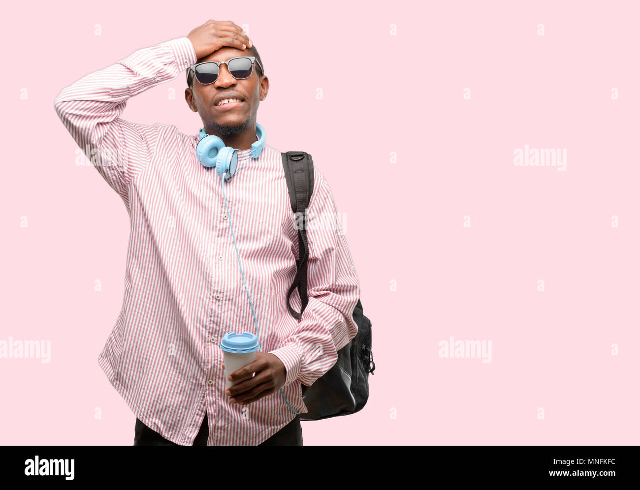 African black man student terrified and nervous expressing anxiety and ...