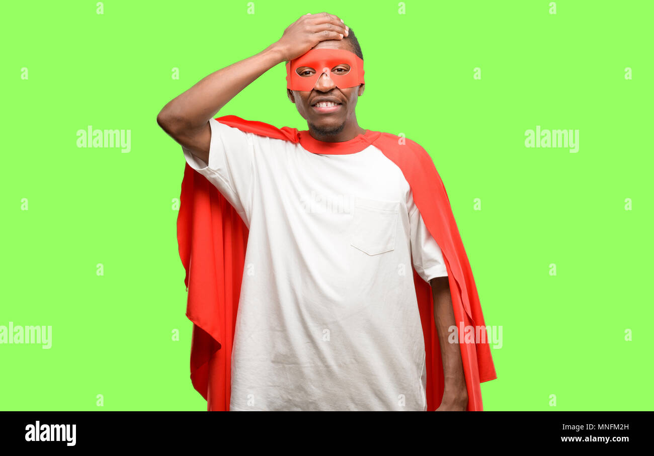 African black super hero man terrified and nervous expressing anxiety ...