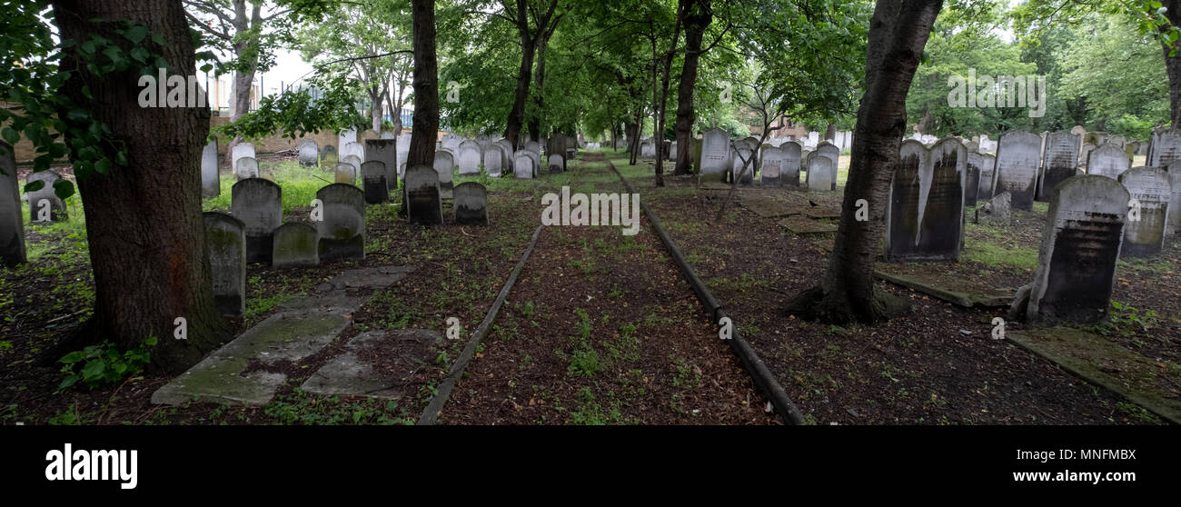 London UK. Panorama photo of tombstones at the historic Jewish cemetery ...