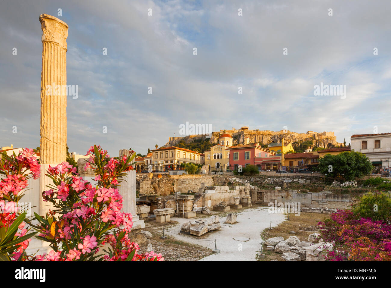 Remains of Hadrian's Library and Acropolis in the old town of Athens ...