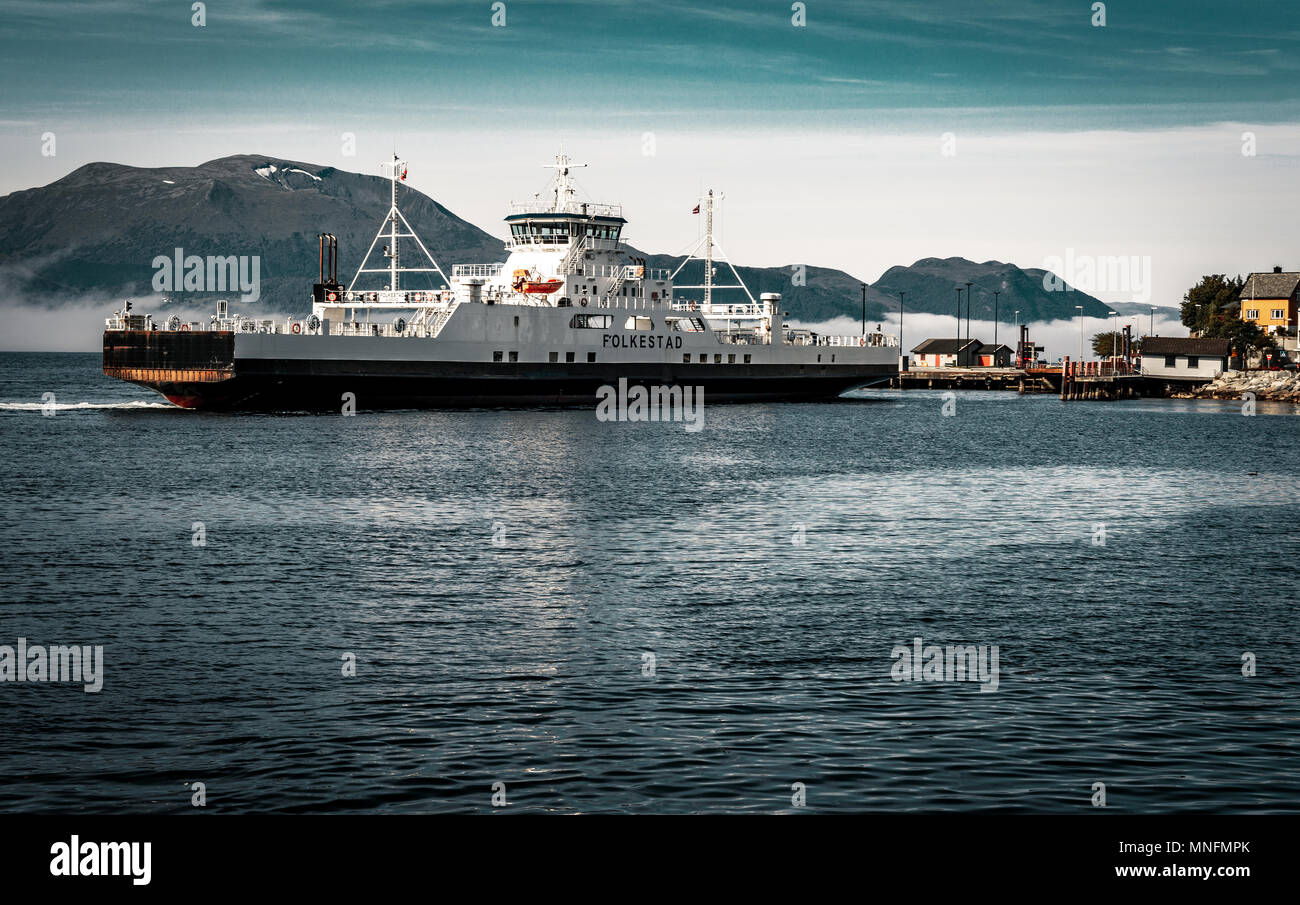 Norwegian Ferry on the Fjord in Volda, cearly morning (Folkestad ...