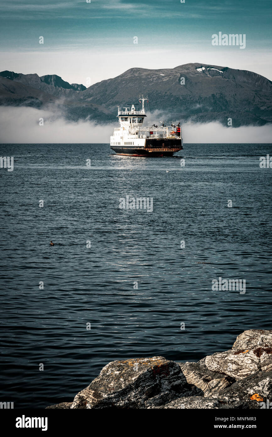 Norwegian Ferry on the Fjord in Volda, cearly morning (Folkestad ...