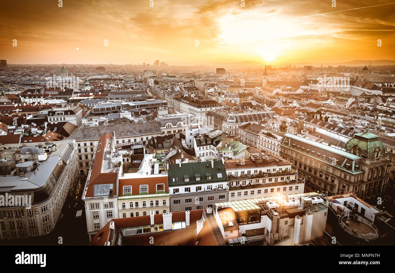 Vienna sunset city skyline as seen from the top of St. Stephan dome ...