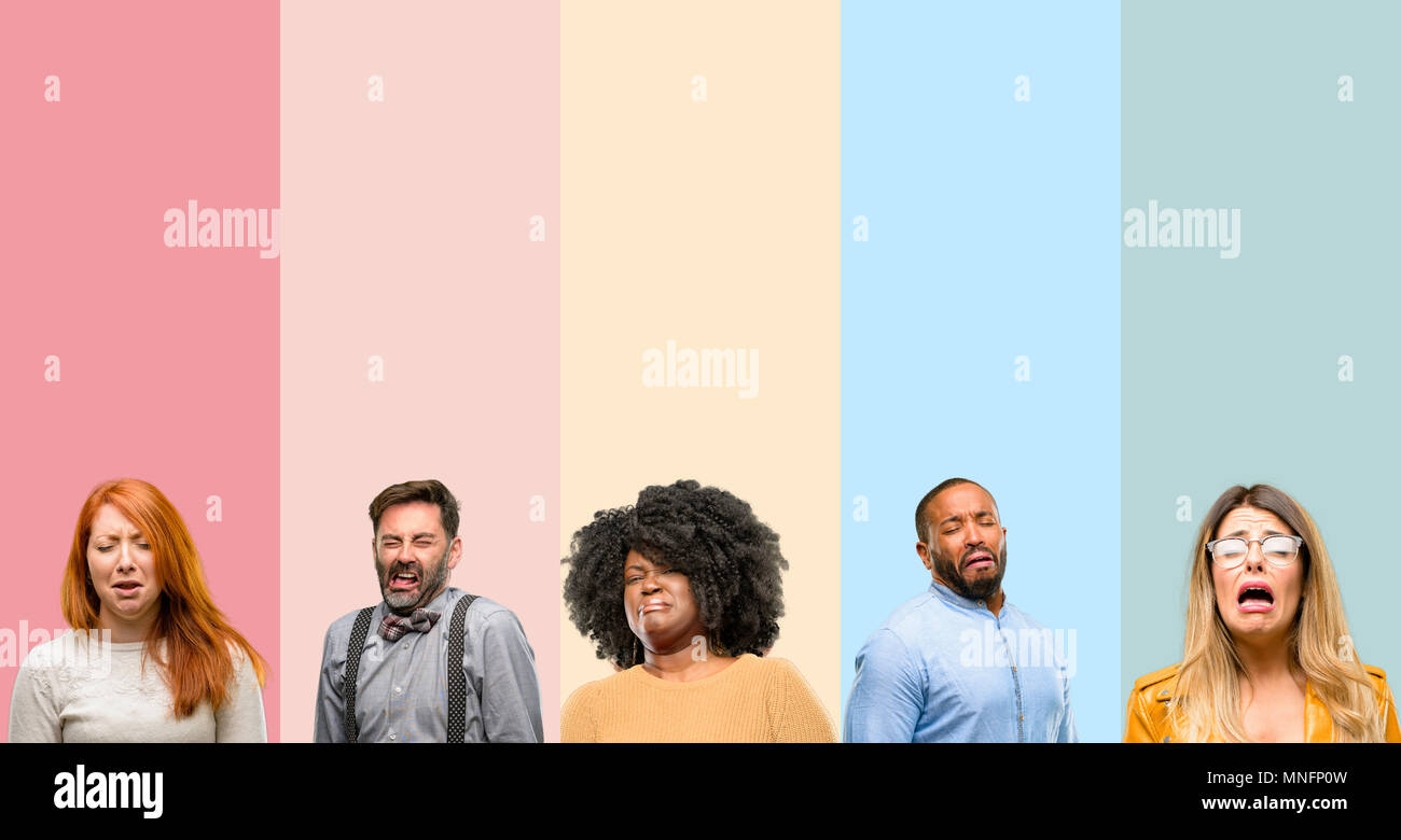 Cool group of people, woman and man crying depressed full of sadness ...