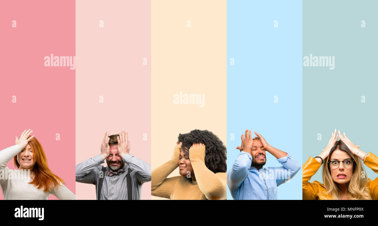 Cool group of people, woman and man terrified and nervous expressing ...