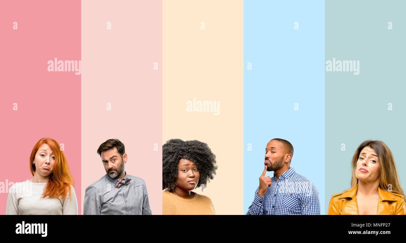 Cool group of people, woman and man having skeptical and dissatisfied ...