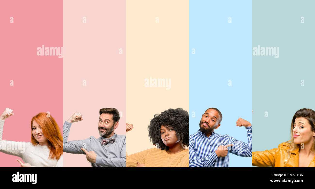 Cool group of people, woman and man pointing biceps expressing strength ...