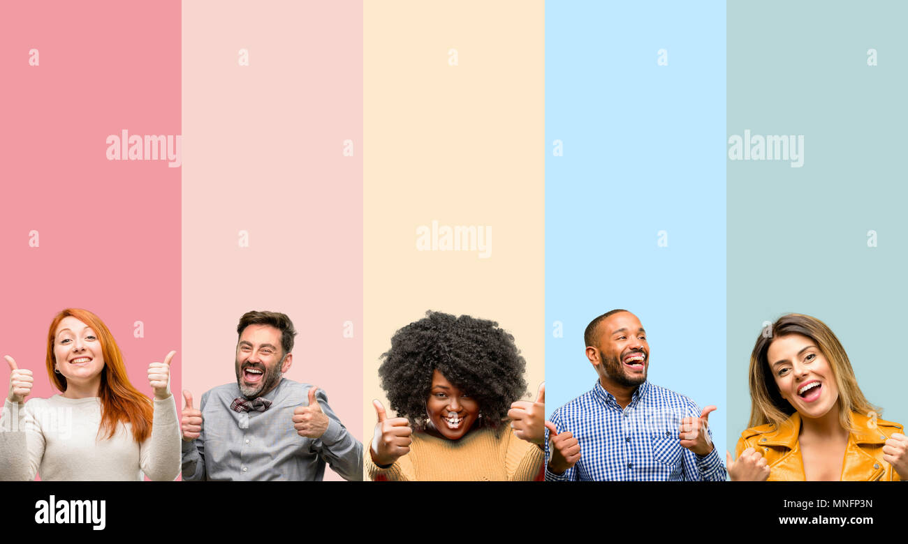 Cool group of people, woman and man smiling broadly showing thumbs up ...
