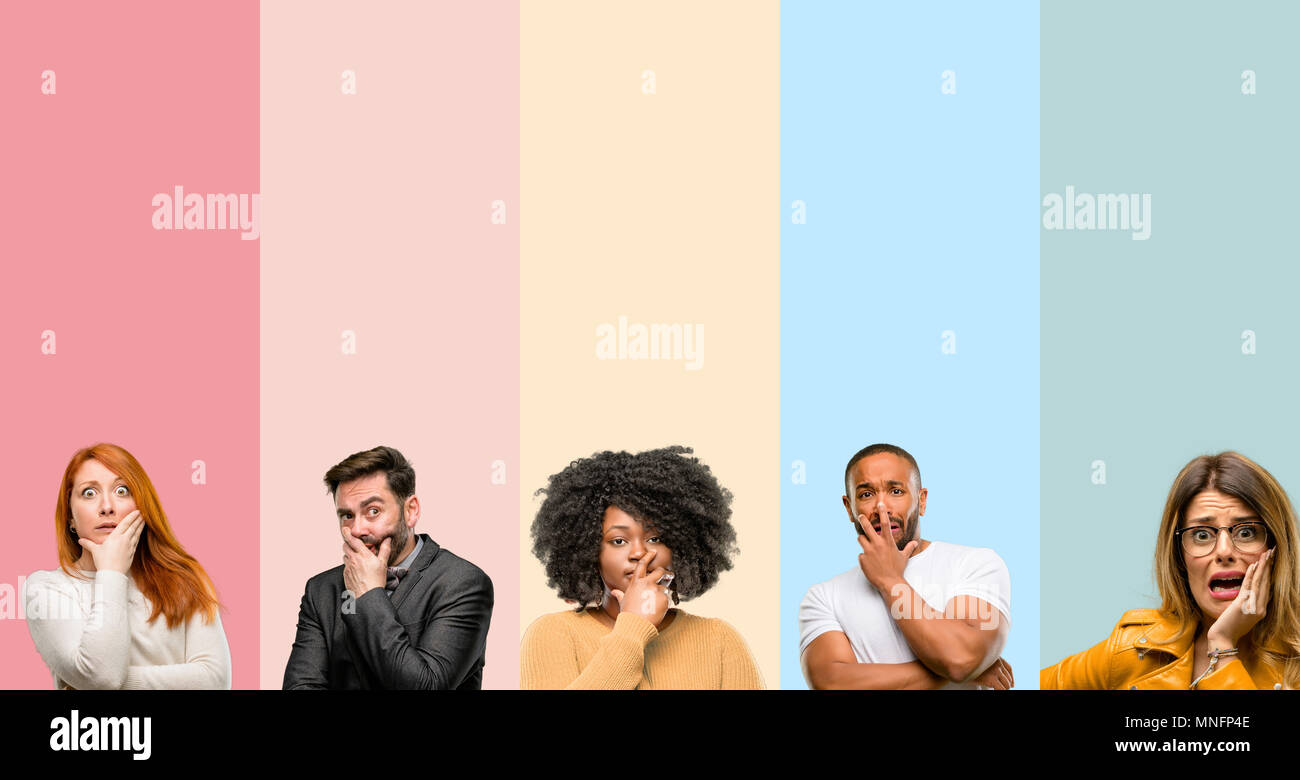 Cool group of people, woman and man scared in shock, expressing panic ...