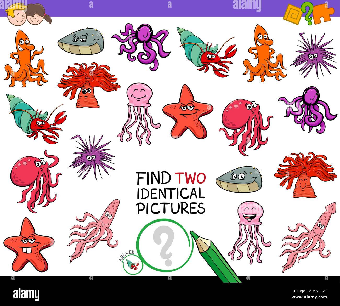 Cartoon Illustration of Finding Two Identical Pictures Educational Game ...