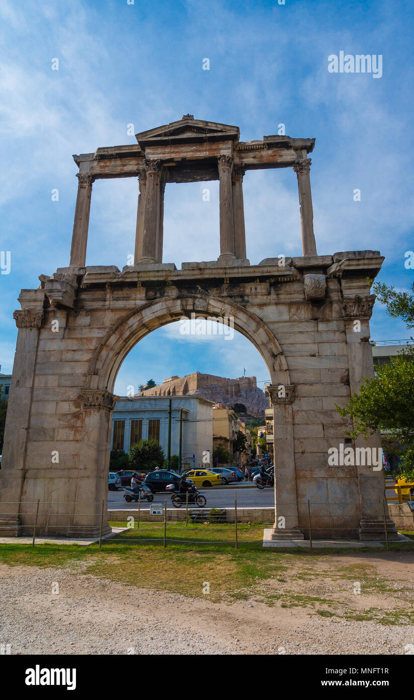 Hadrian's Gate in the center of Athens Greece. It spanned an ancient ...