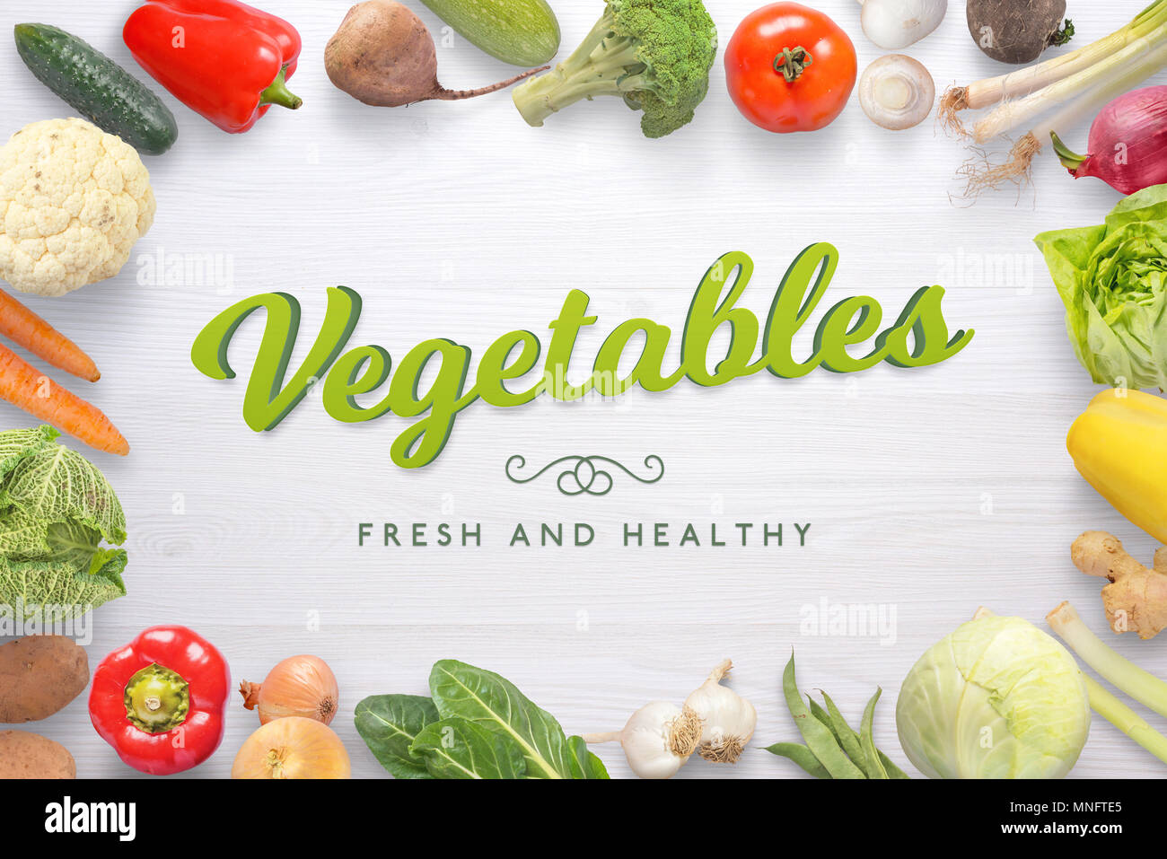 Vegetables logo on kitchen white wooden surface with fresh vegetables ...