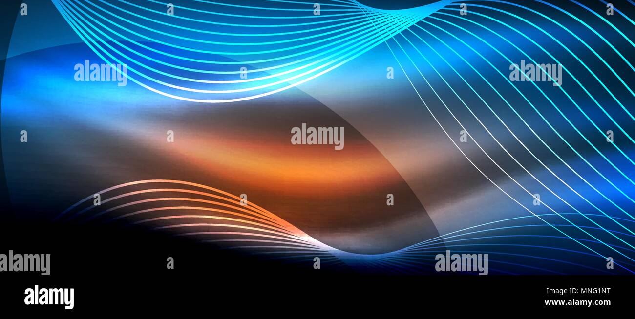 Glowing abstract wave on dark, shiny motion, magic space light. Techno ...