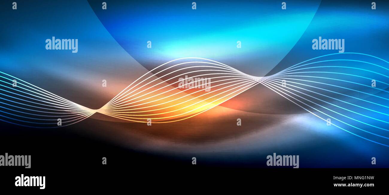Glowing abstract wave on dark, shiny motion, magic space light. Techno ...