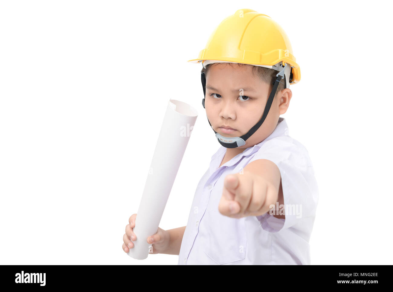 Angry kid engineer wearing protective helmet with a construction ...