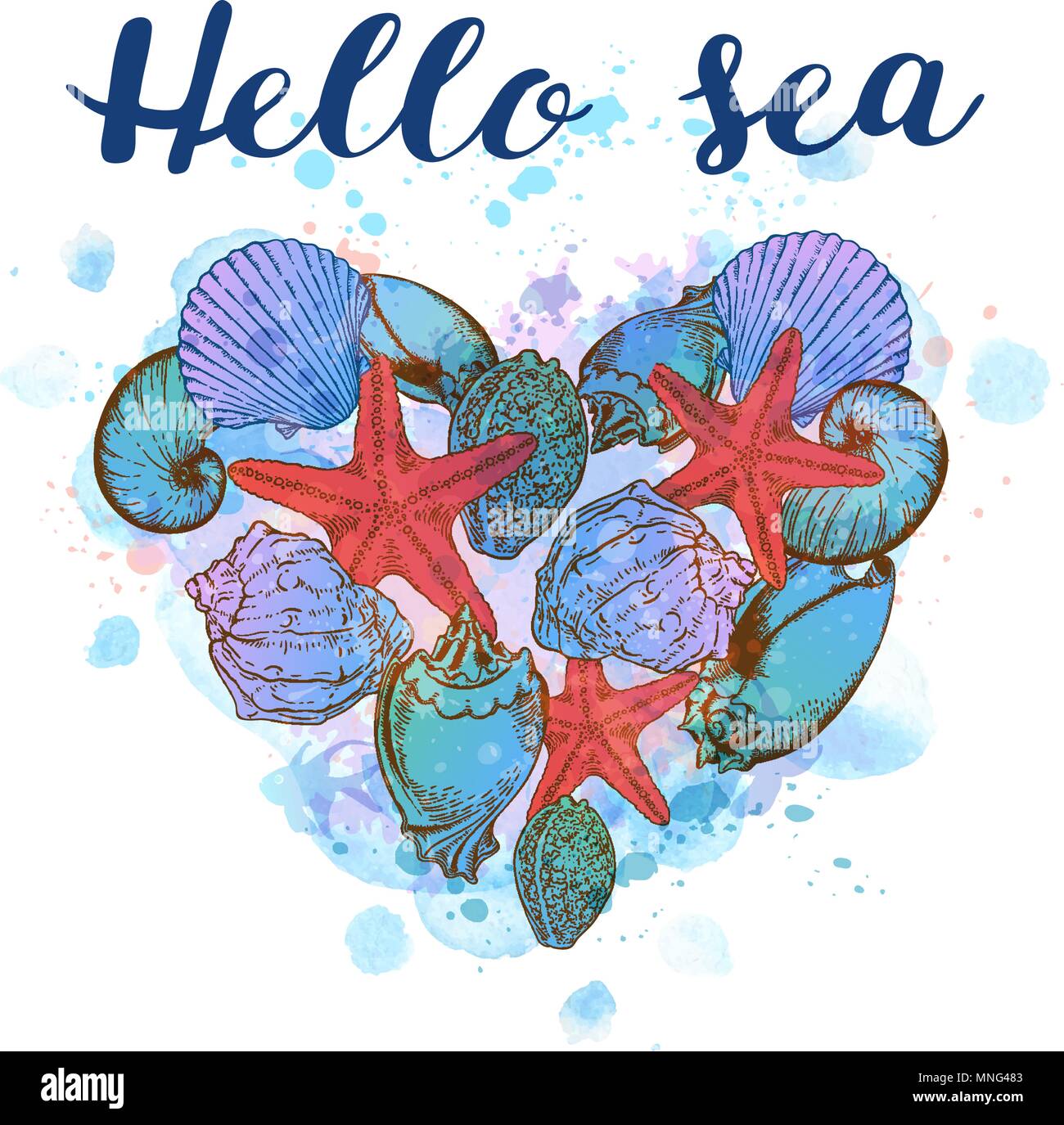Marine background with heart of sea shells and blue watercolor texture ...
