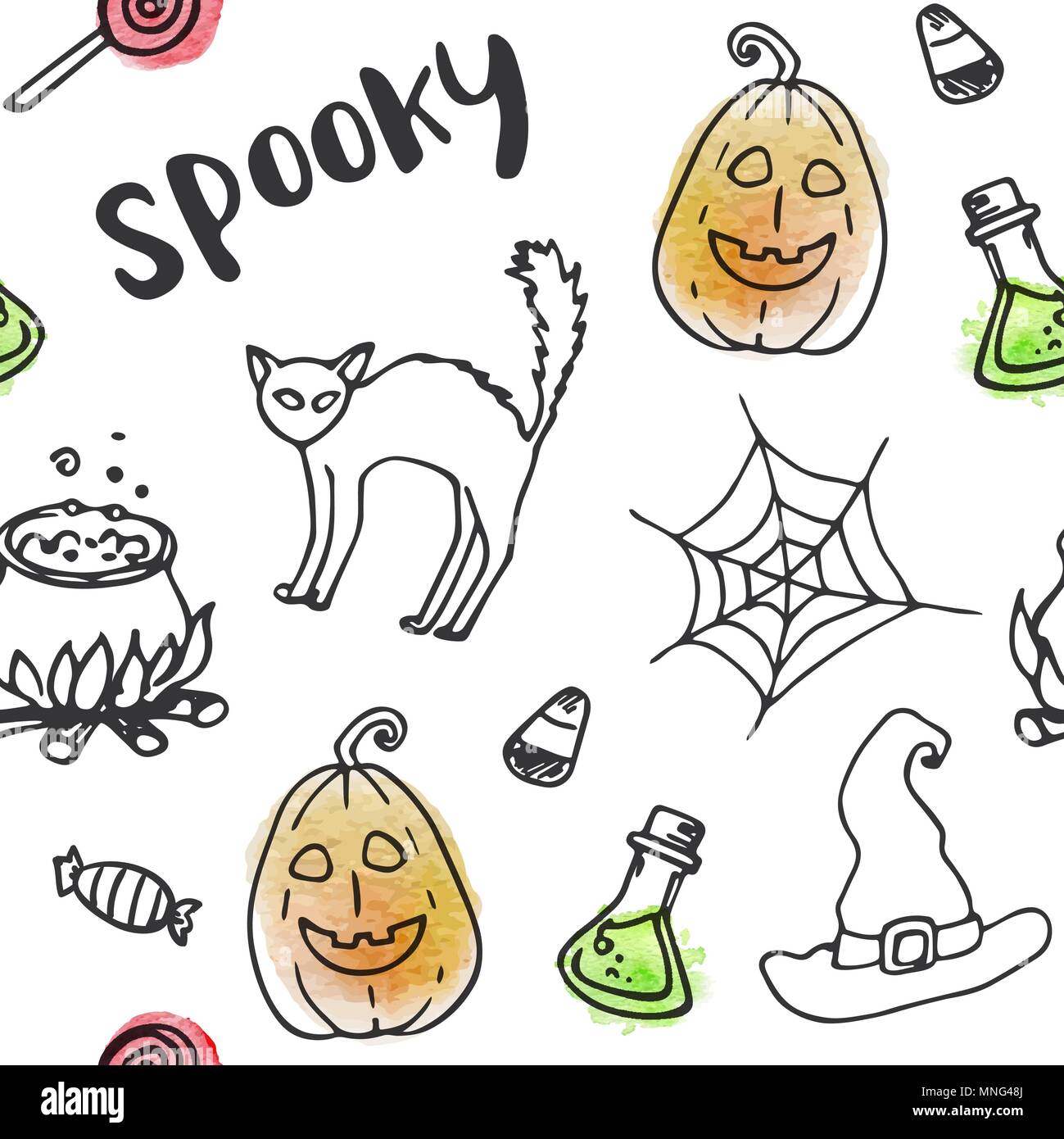 Halloween doodle vector seamless pattern. Hand drawn illustration with ...