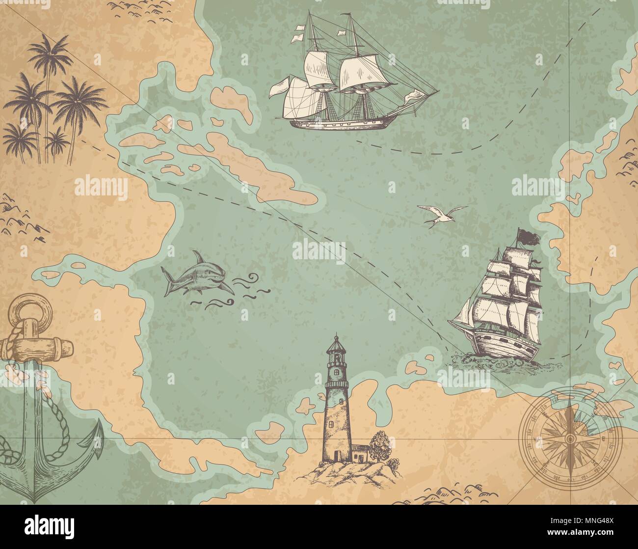 Vintage vector marine map with sailing vessels. Ancient map with ships ...