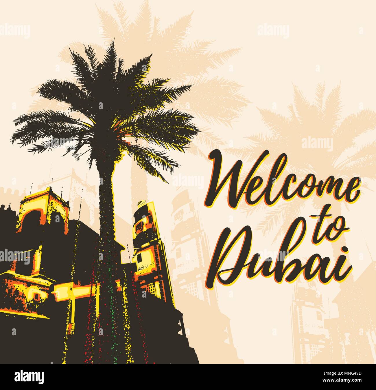 Retro poster with buildings and palm in Dubai city, United Arab ...