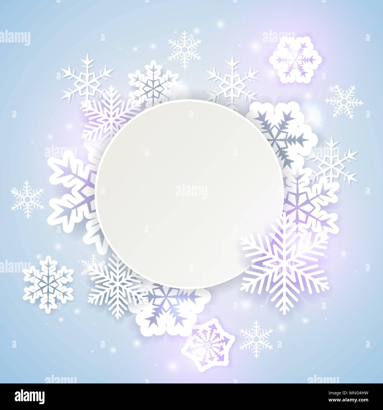 Shining holiday background with white paper snowflakes. Abstract round ...